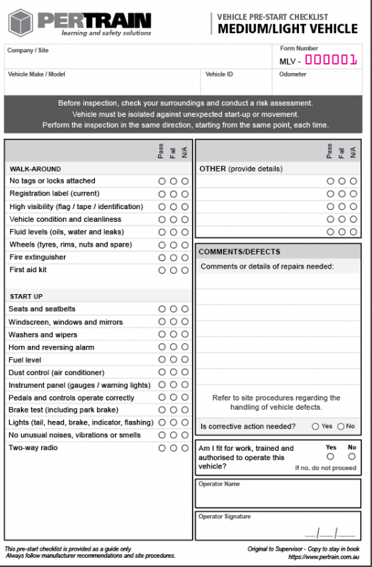 Medium Light Vehicle Pre-Start Checklist Book