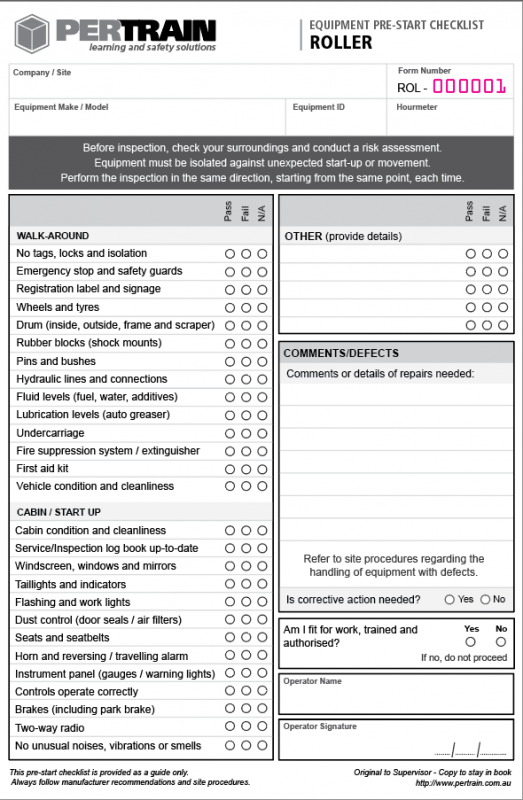 Roller Pre-start Checklist Books