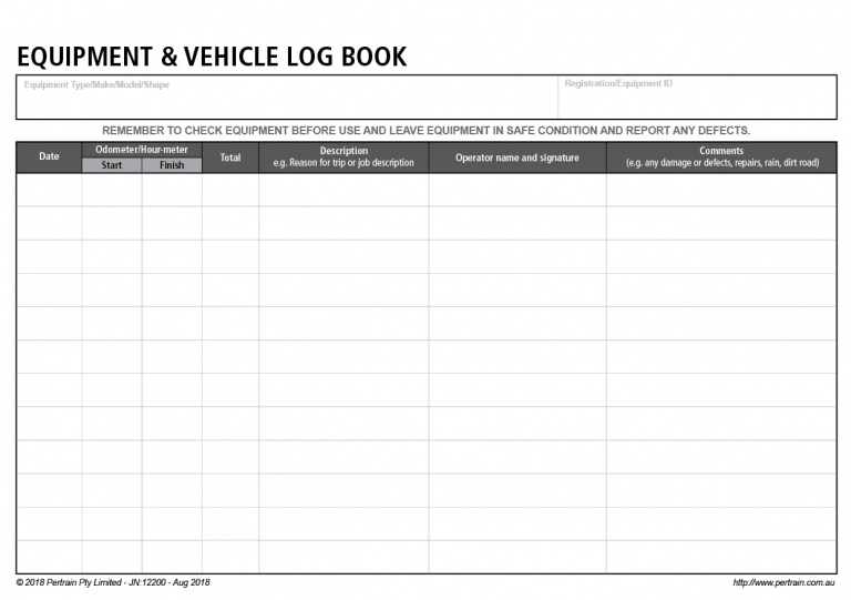 Equipment and Vehicle Log Book to record travel times and distances