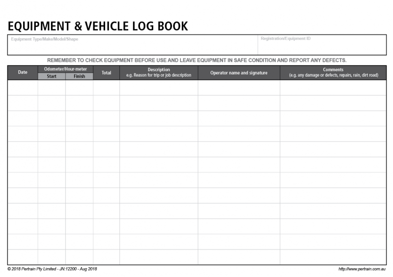 Equipment and Vehicle Log Book to record travel times and distances