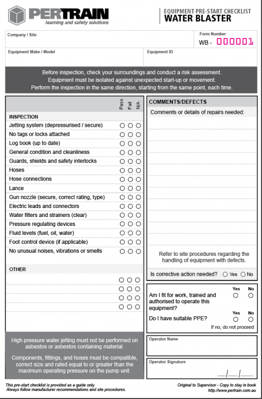 Water Blaster/Pressure Cleaner Pre-Start Checklist Book