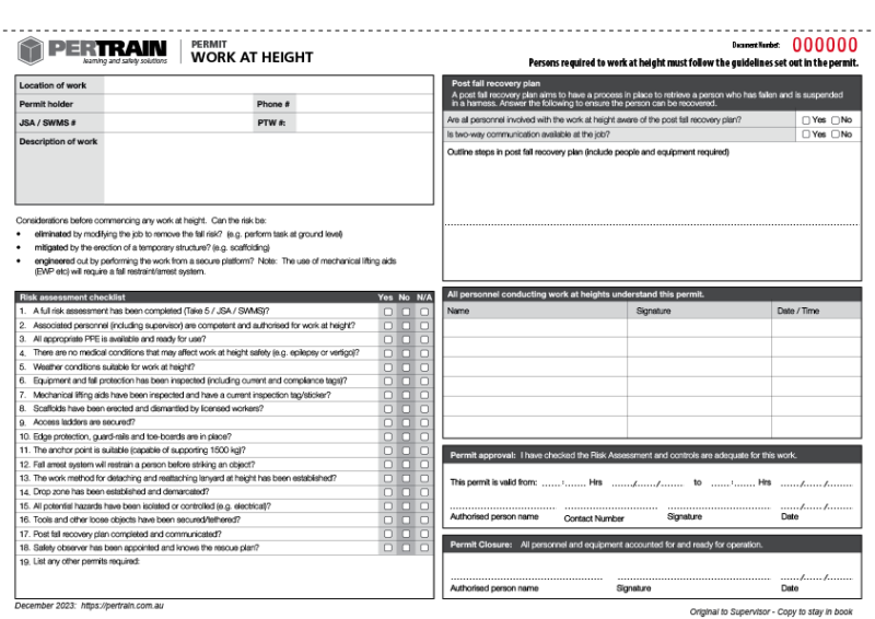 Working At Heights Permit Book | Pertrain Pty Limited